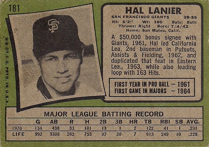 Topps 1971: no. 181 - hal lanier