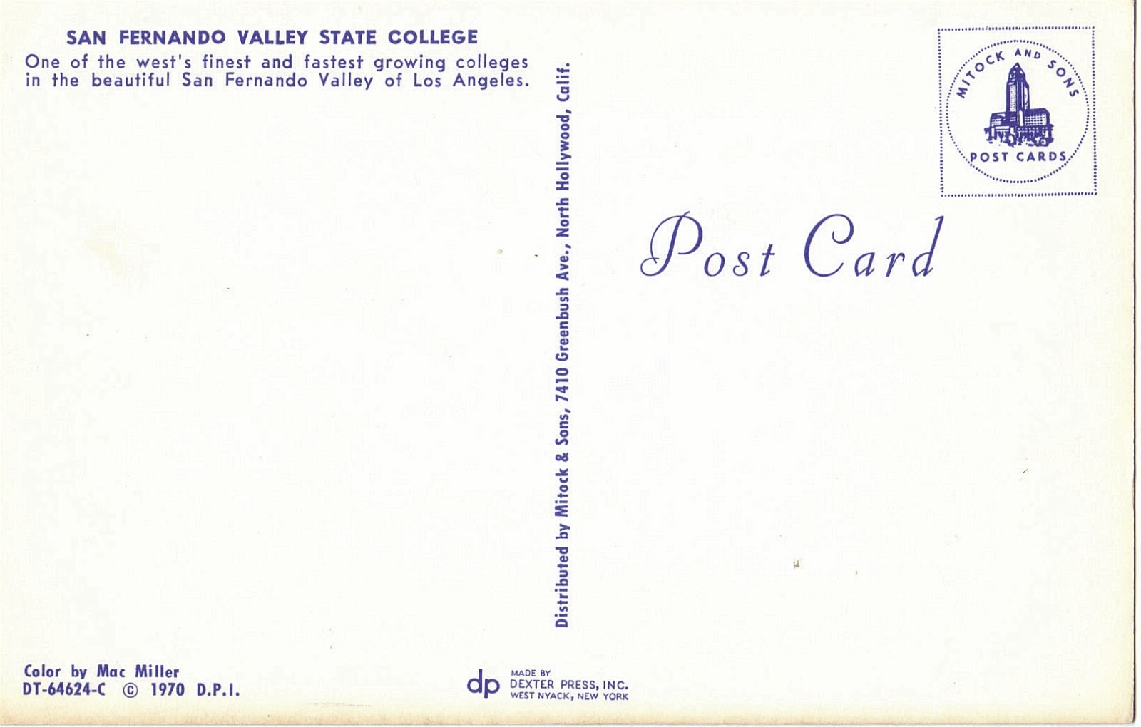 Aerial View of San Fernando Valley State College (aka CSUN) Postcard ...
