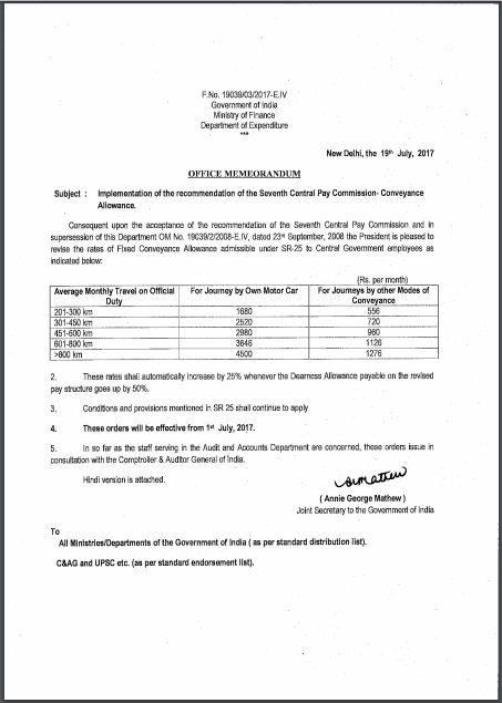 7th CPC Conveyance Allowance – DoE Orders