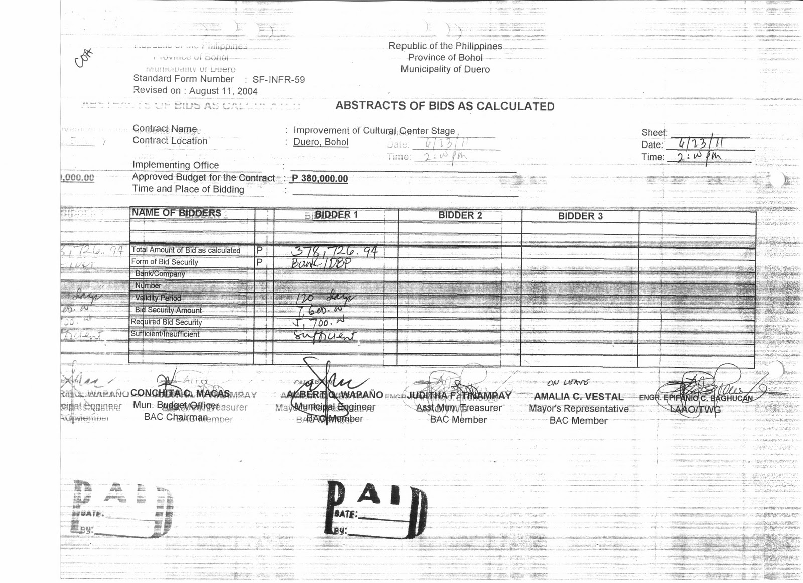 The Municipality of Duero, Bohol: * Abstract of Bids as Read