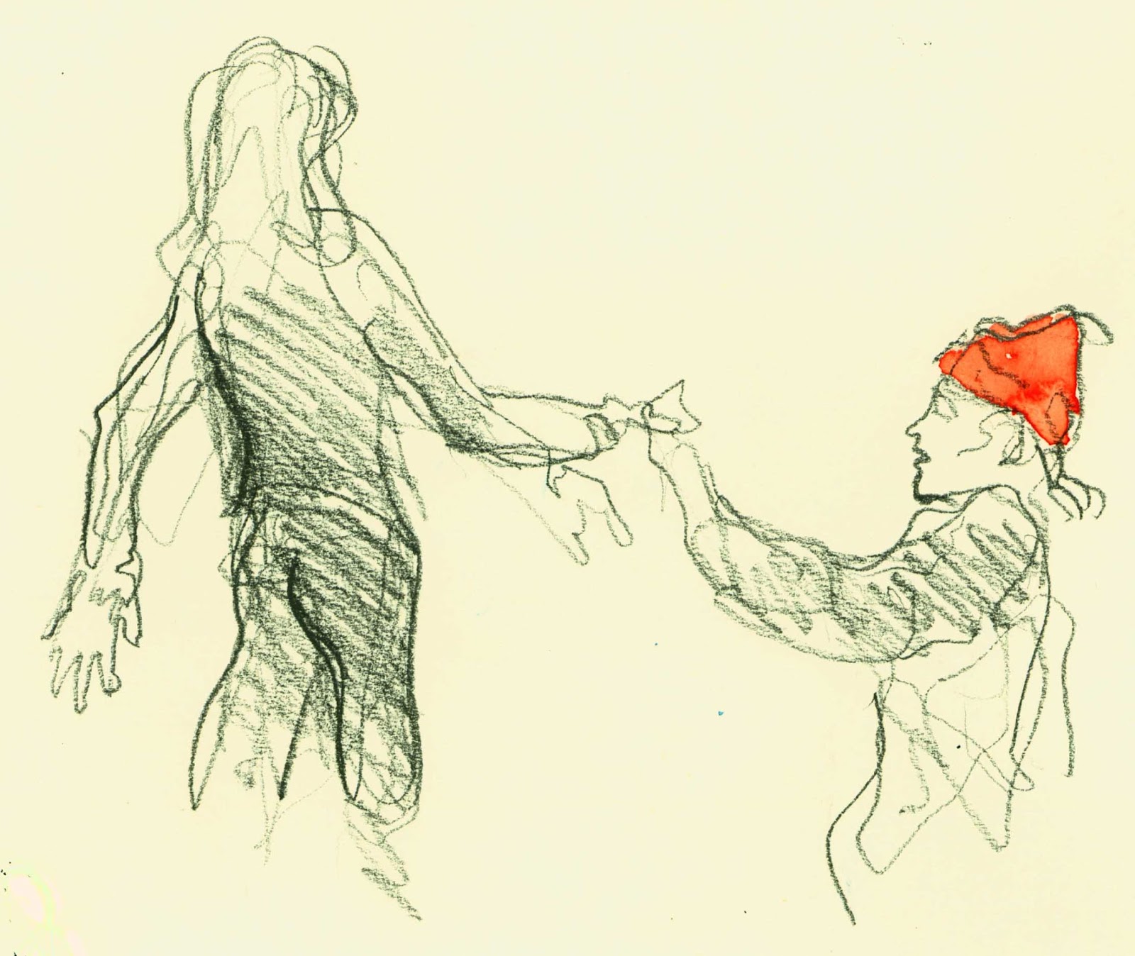 Drawing from an uncomfortable position: 'Catch me when I fall.'