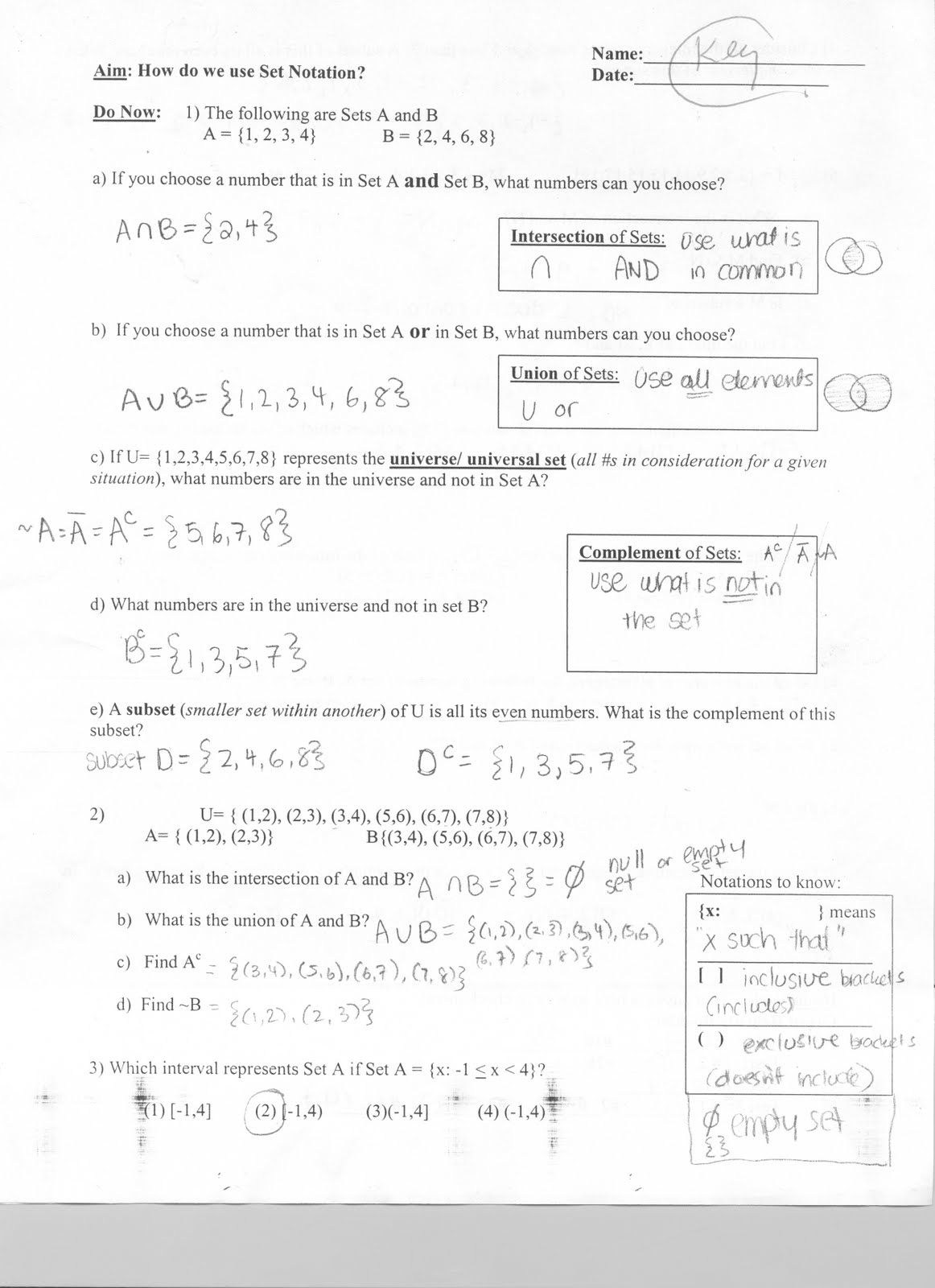 Mr. Napoli's Algebra: Aim:1) How do we use Set Notation