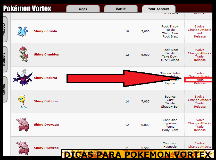 dicas de pokemon vortex: como trocar pokemon