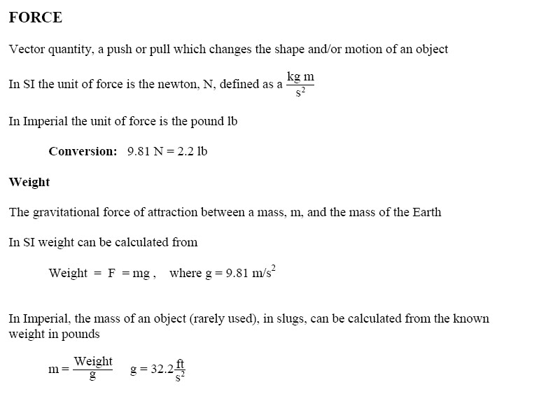 BASIC CHEMICAL ENGINEERING OPERATIONS: Force,weight formulas and units
