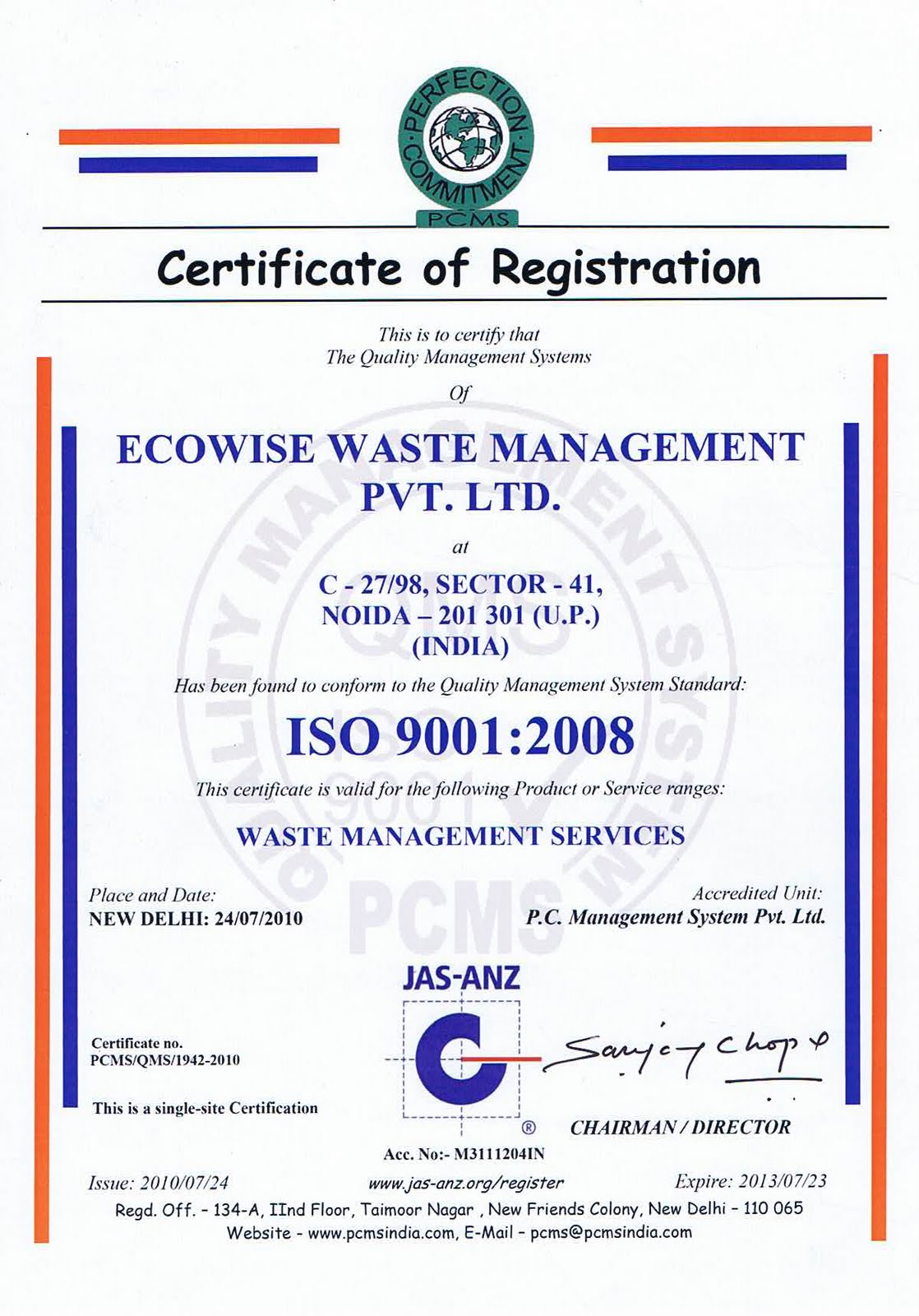 ECO WISE WASTE MANAGEMENT: ISO Certifications