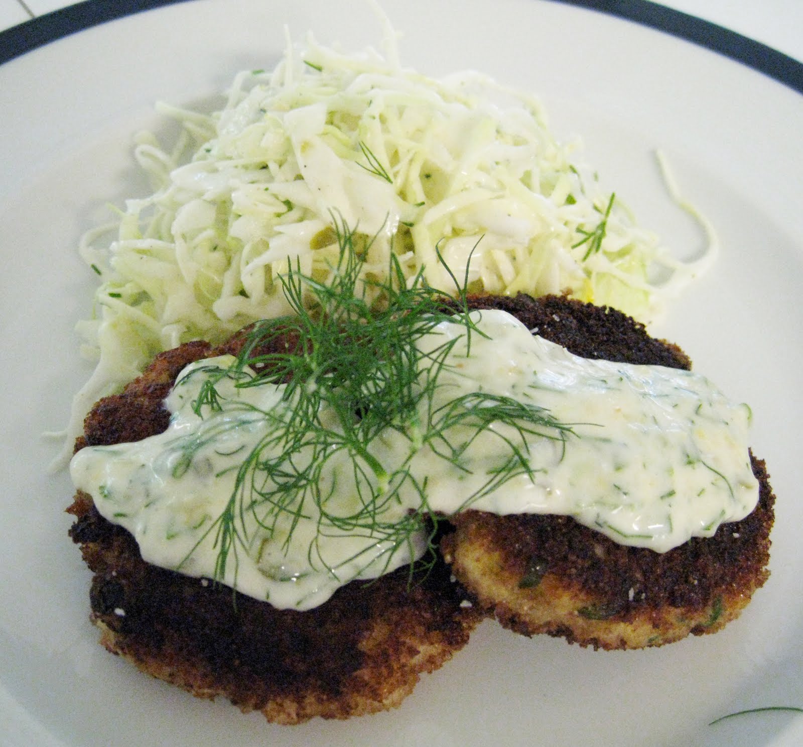 Straight No chaser: Fish Cakes with Coleslaw and Horseradish-Dill Sauce
