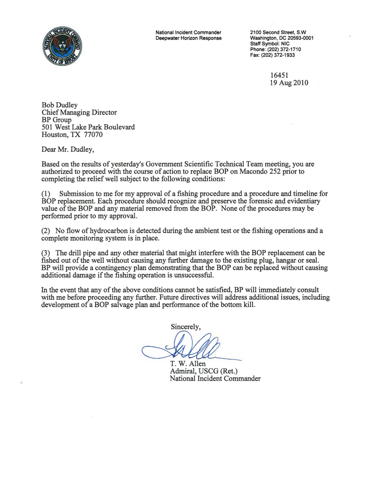 BP Slick: Admiral Thad Allen Issues Directive to BP Providing ...