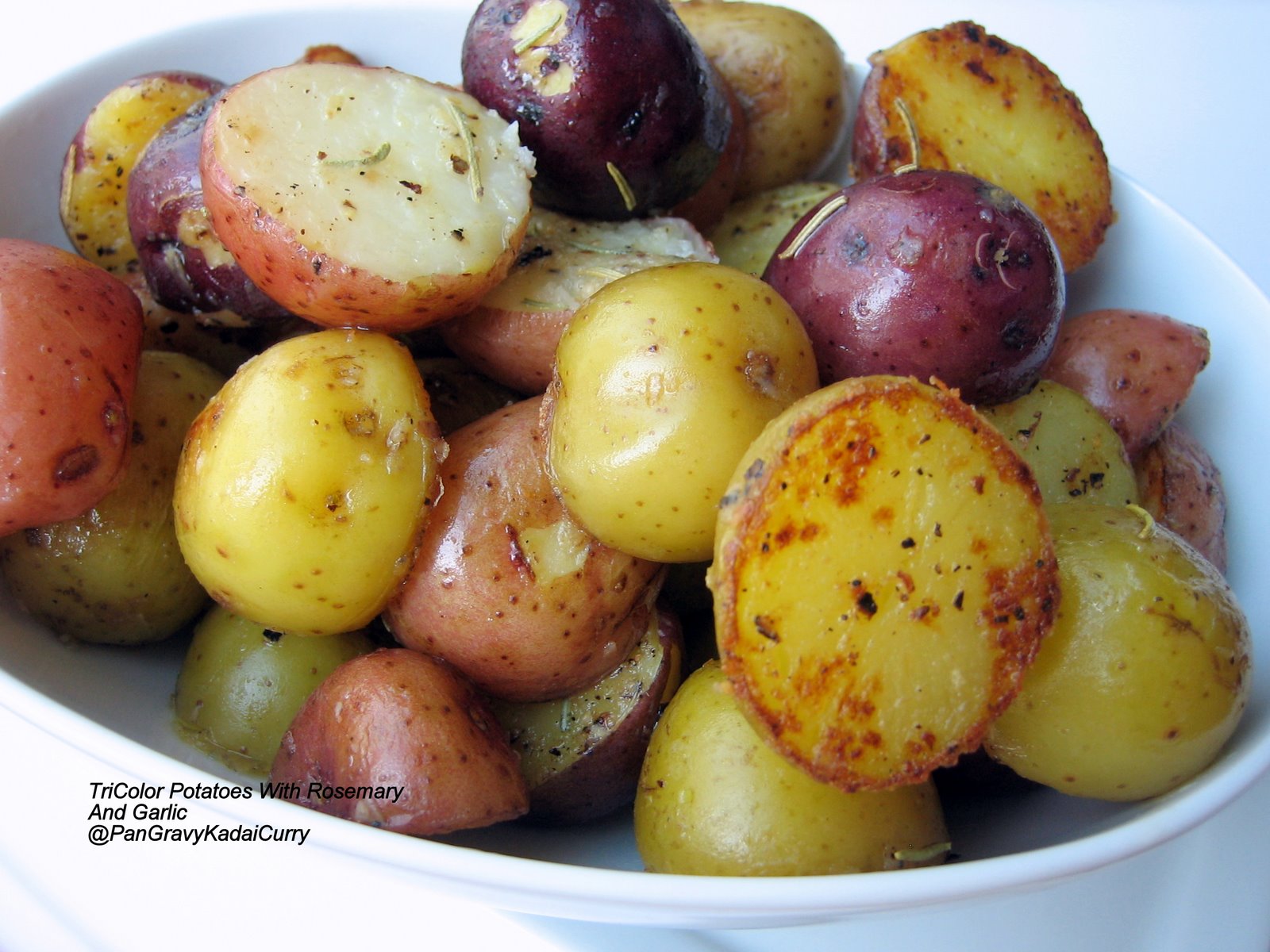 Pan Gravy Kadai Curry: TriColor "Rosemary and Garlic" Potatoes