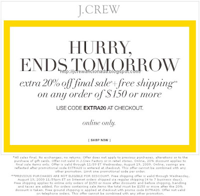J.Crew Aficionada: J.Crew Email: Ends tomorrow. EXTRA 20% off sale ...