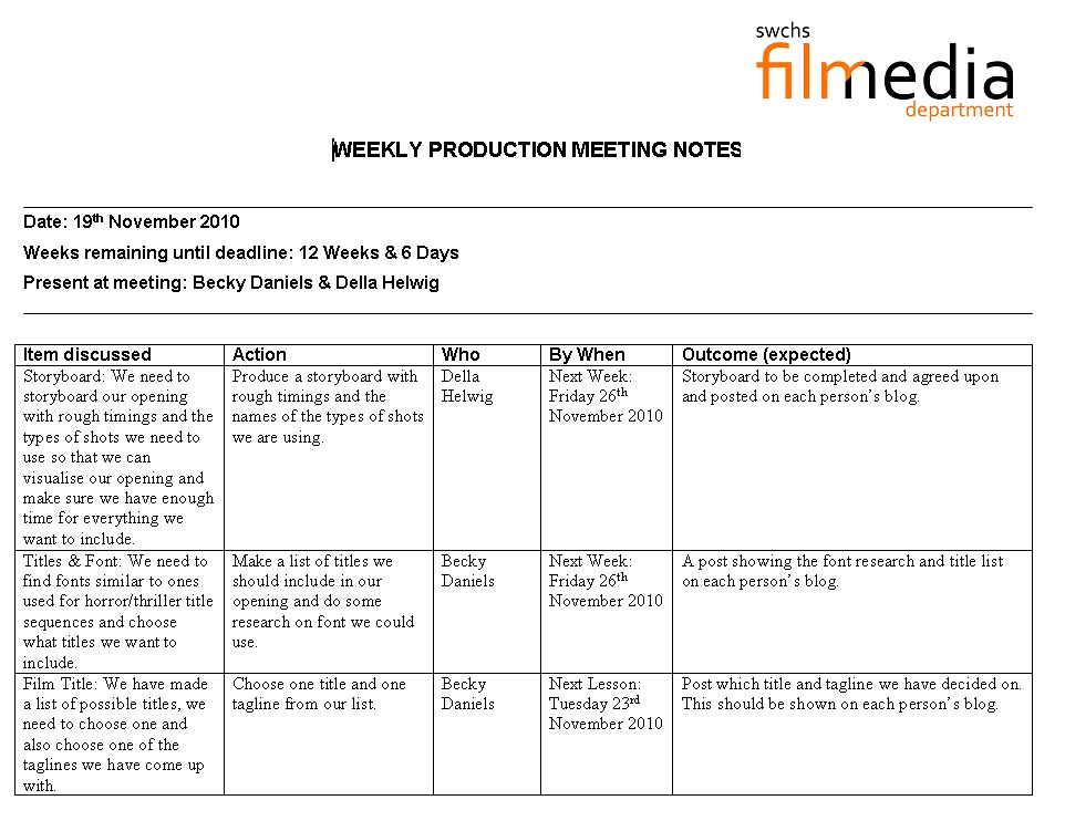 Della Helwig 6140: Production Meeting Notes - 19/11/10
