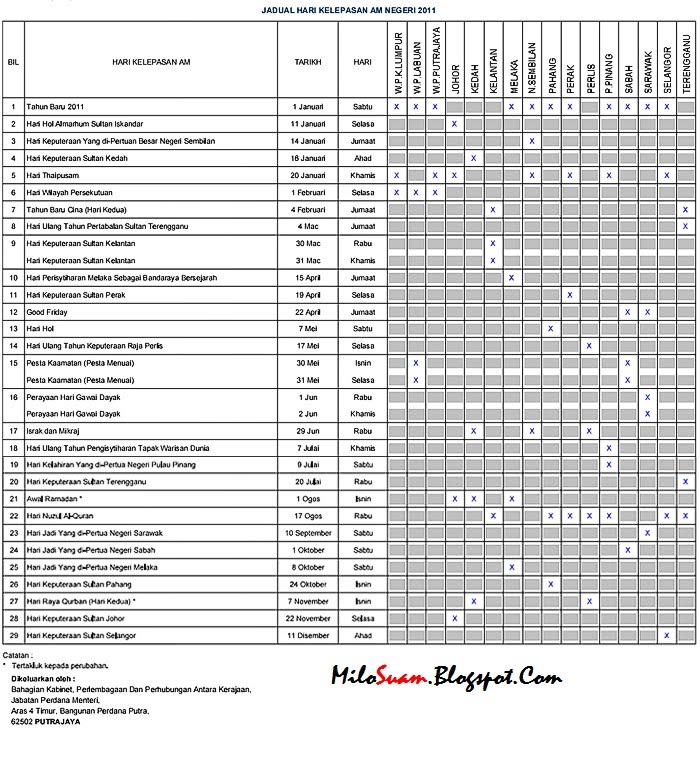 Kalender Cuti Umum 2011 Malaysia