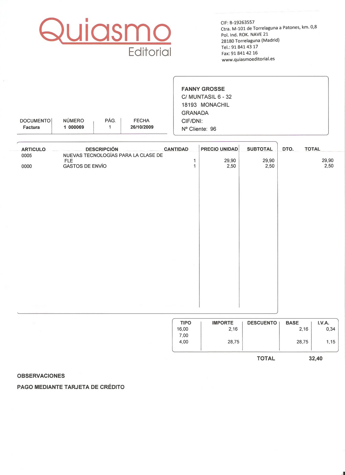 Español Lengua Extranjera: Leer una factura