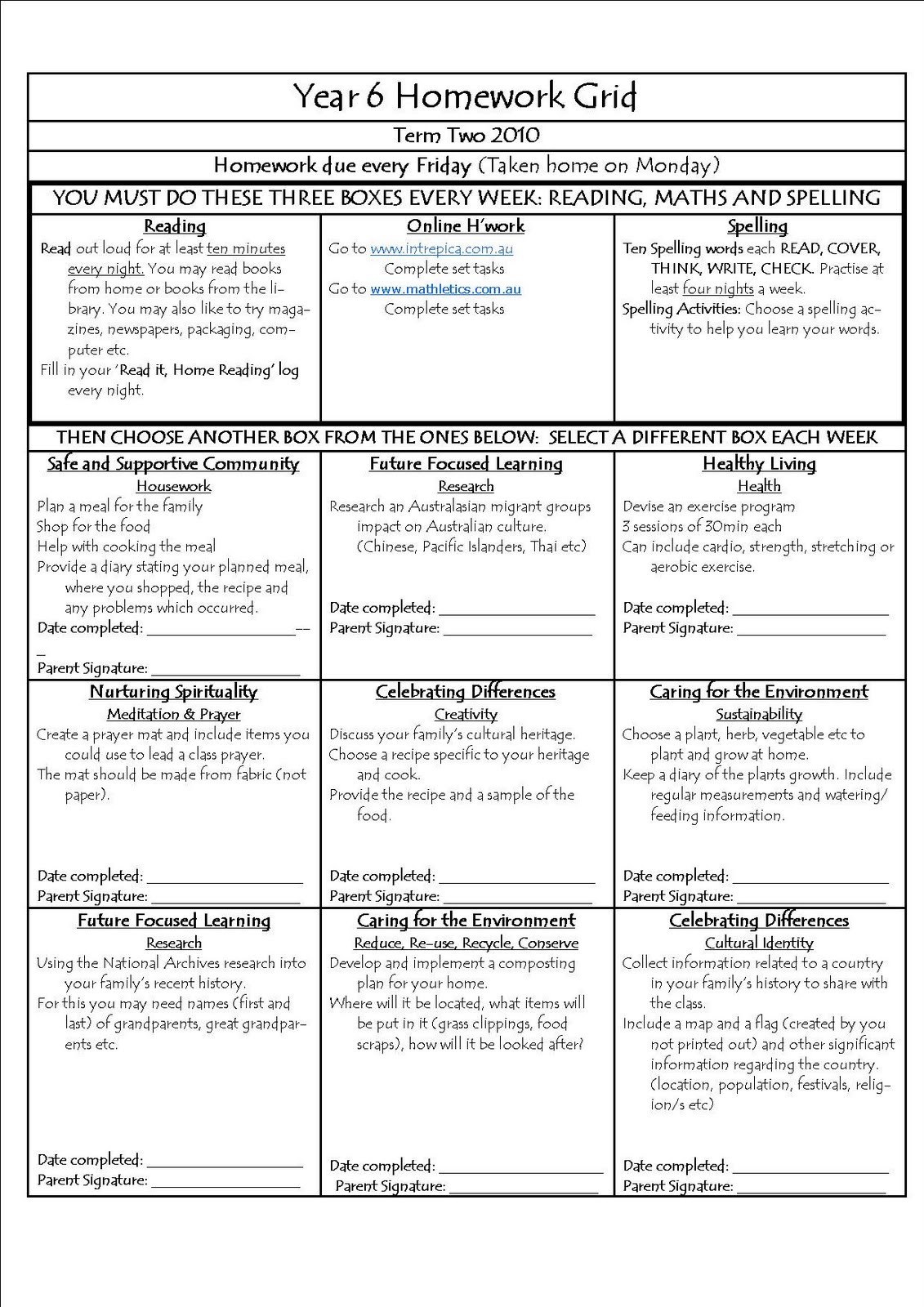 Grade6A Term 2 Homework Grid