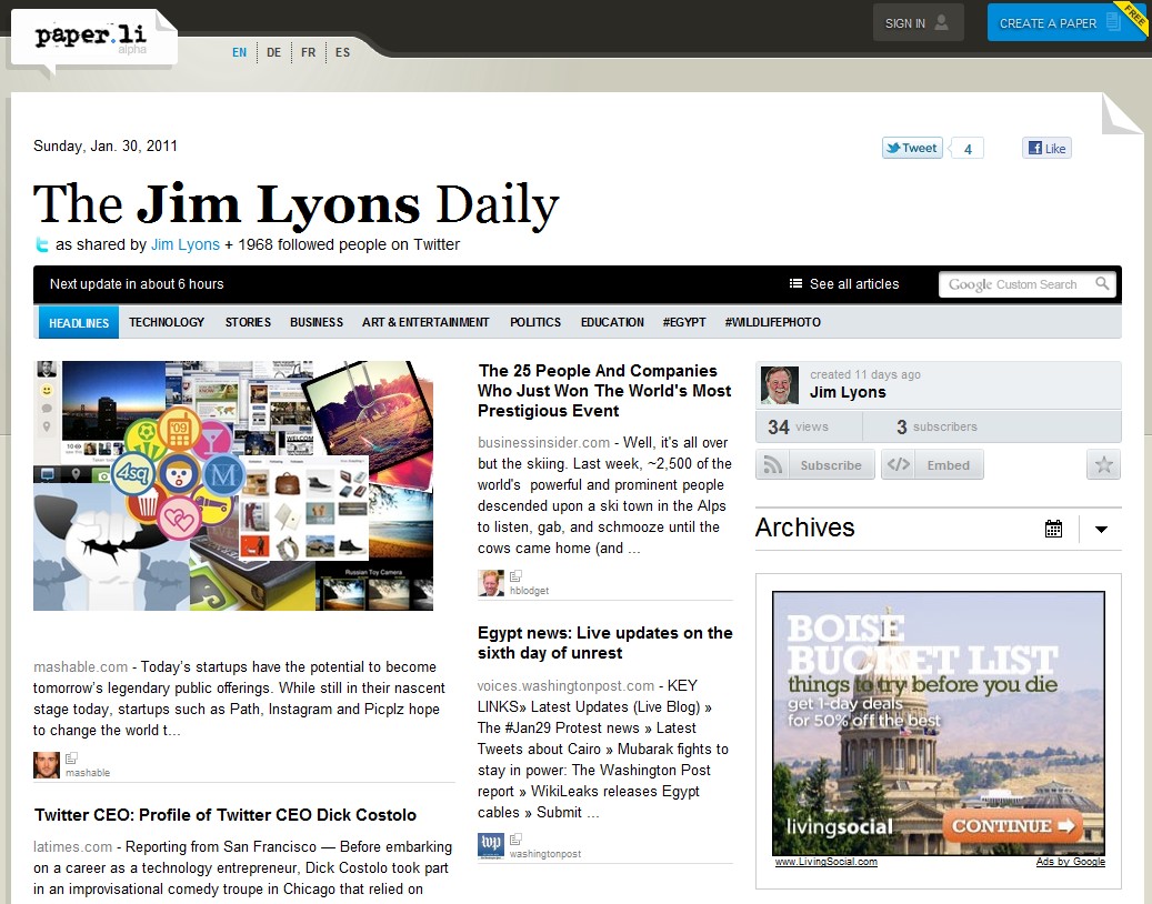 Jim Lyons Observations: January Observations: Paper as a Metaphor - exploring Tweet-based paper.li