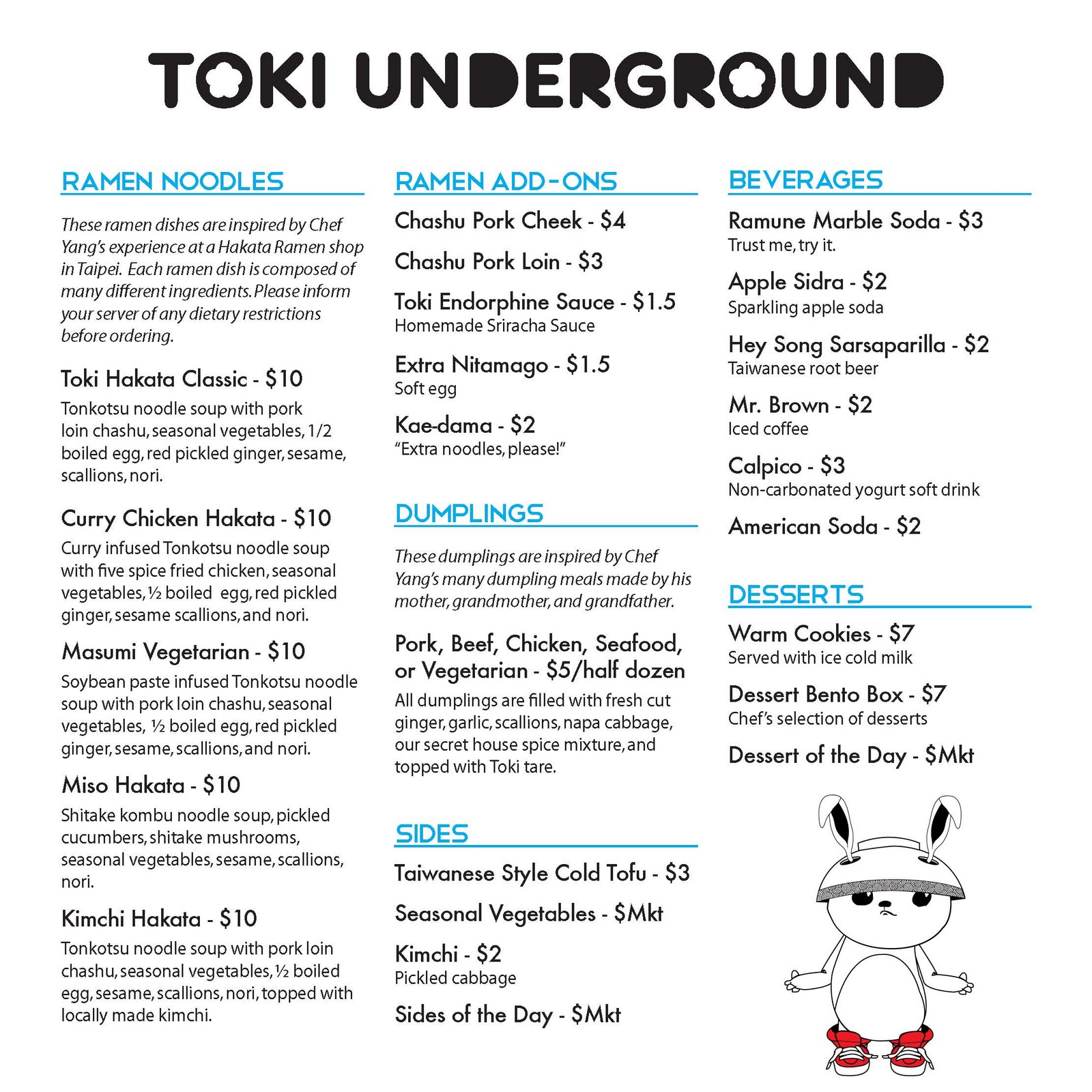 H Street Great Street: Toki Underground Menu looks awesome