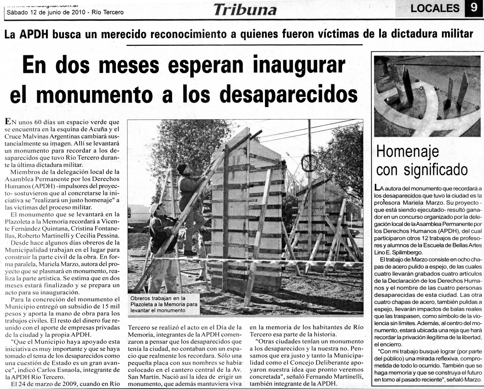 Mariela Marzo: Plazoleta a la Memoria. Recorte periodístico