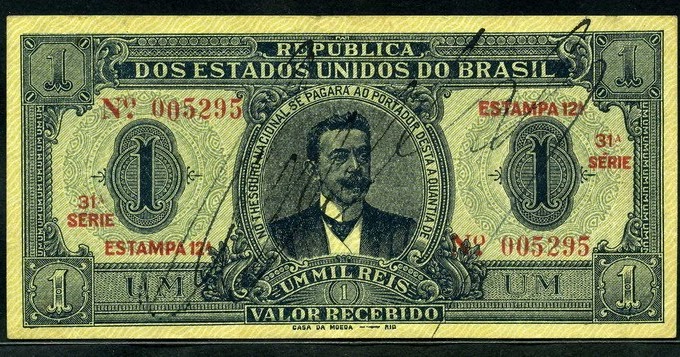 Brazil banknotes 1 Mil Reis banknote of 1921 David Morethson Campista ...