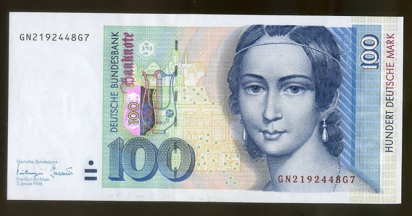 German banknotes 100 Deutsche Mark banknote 1996 Clara Schumann|World ...
