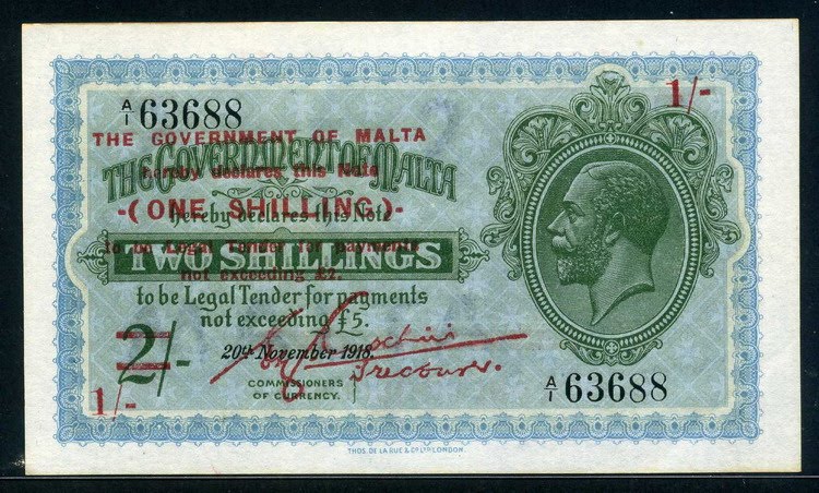 Malta paper money 1 Shilling on 2 Shillings note 1940 King George V ...