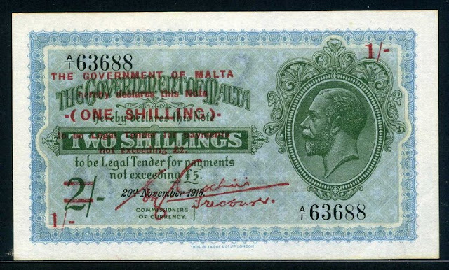 Malta paper money 1 Shilling on 2 Shillings note 1940 King George V ...