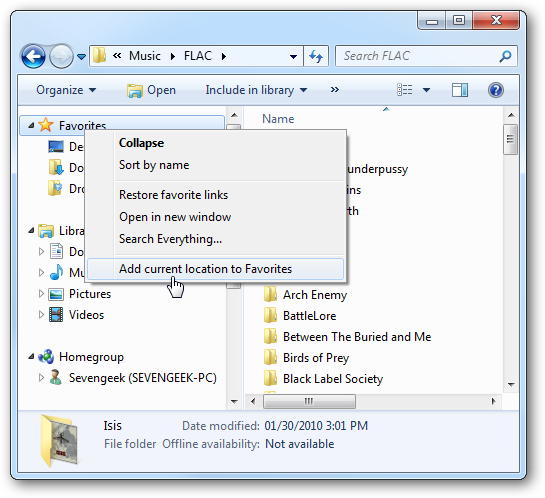 Adding folder to Favorites: Windows 7 ~ Windows 7 Support