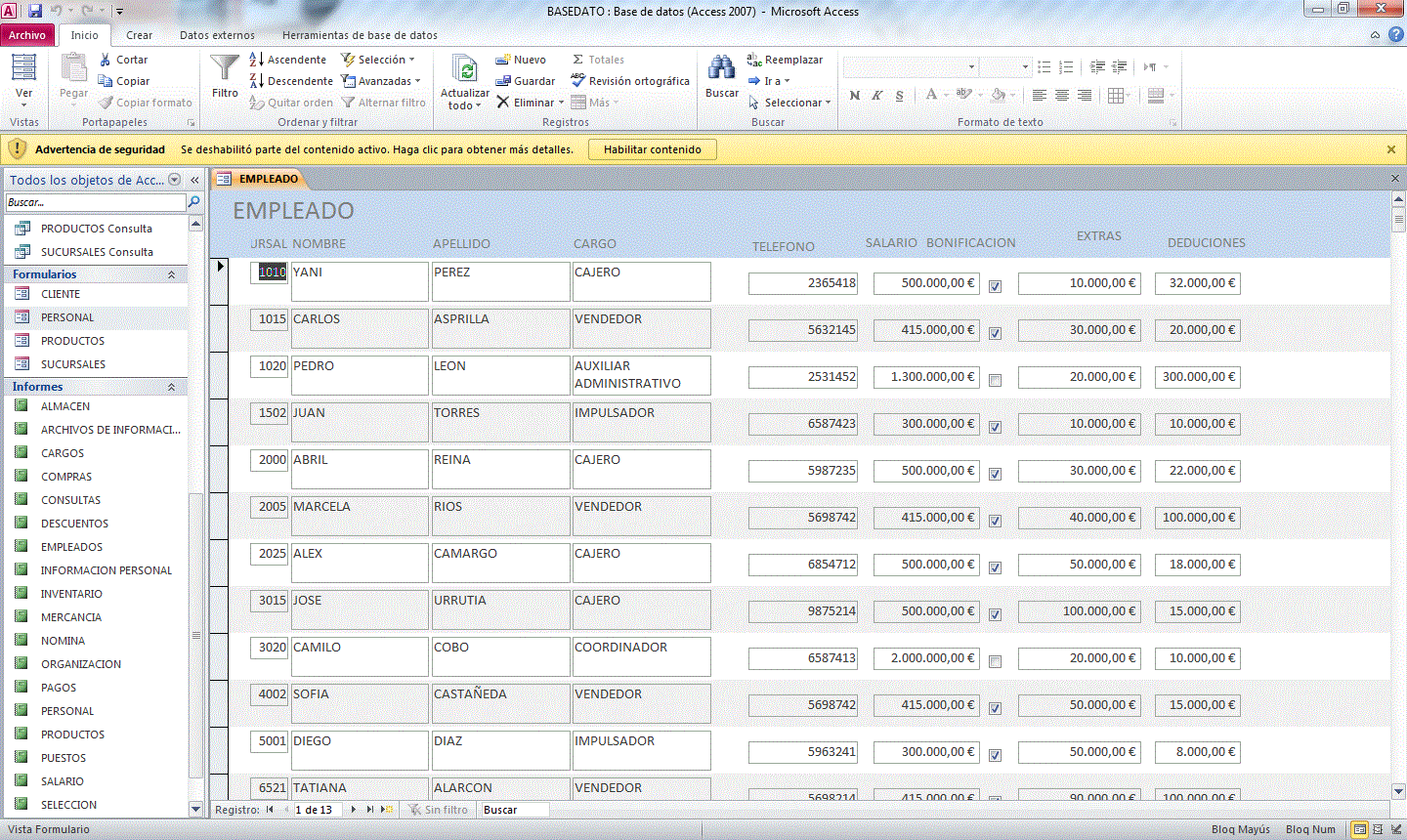 GESTION DE BASE DE DATOS: TABLA FORMULARIO EN ACCES
