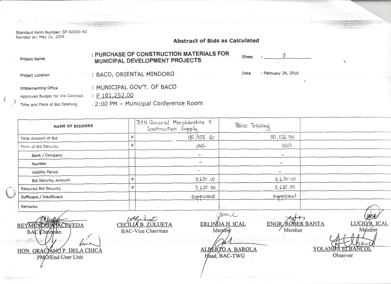 Municipality of Baco Financial Disclosures: Abstract of Bids as ...