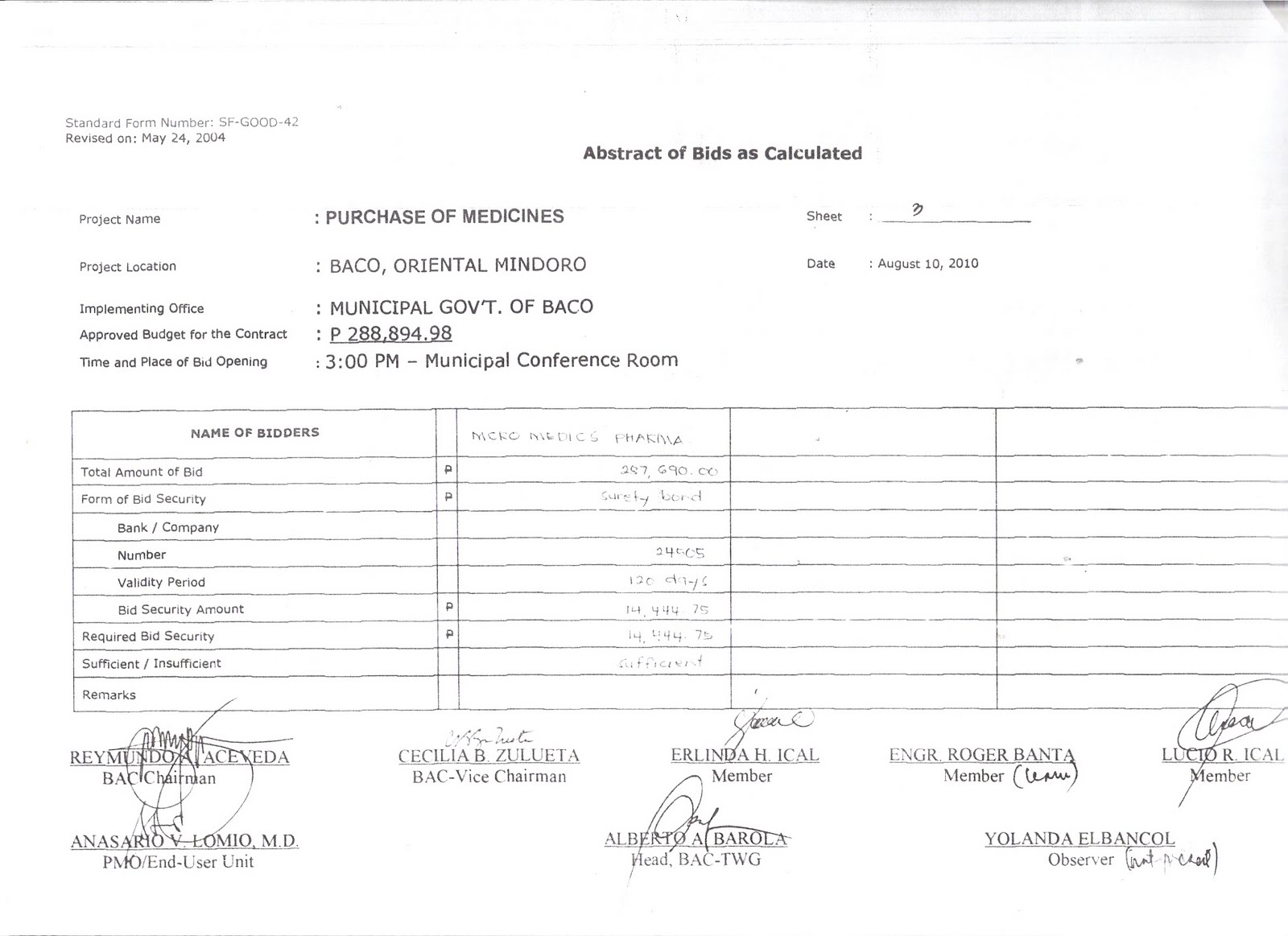 Municipality of Baco Financial Disclosures: Abstract of Bids as ...