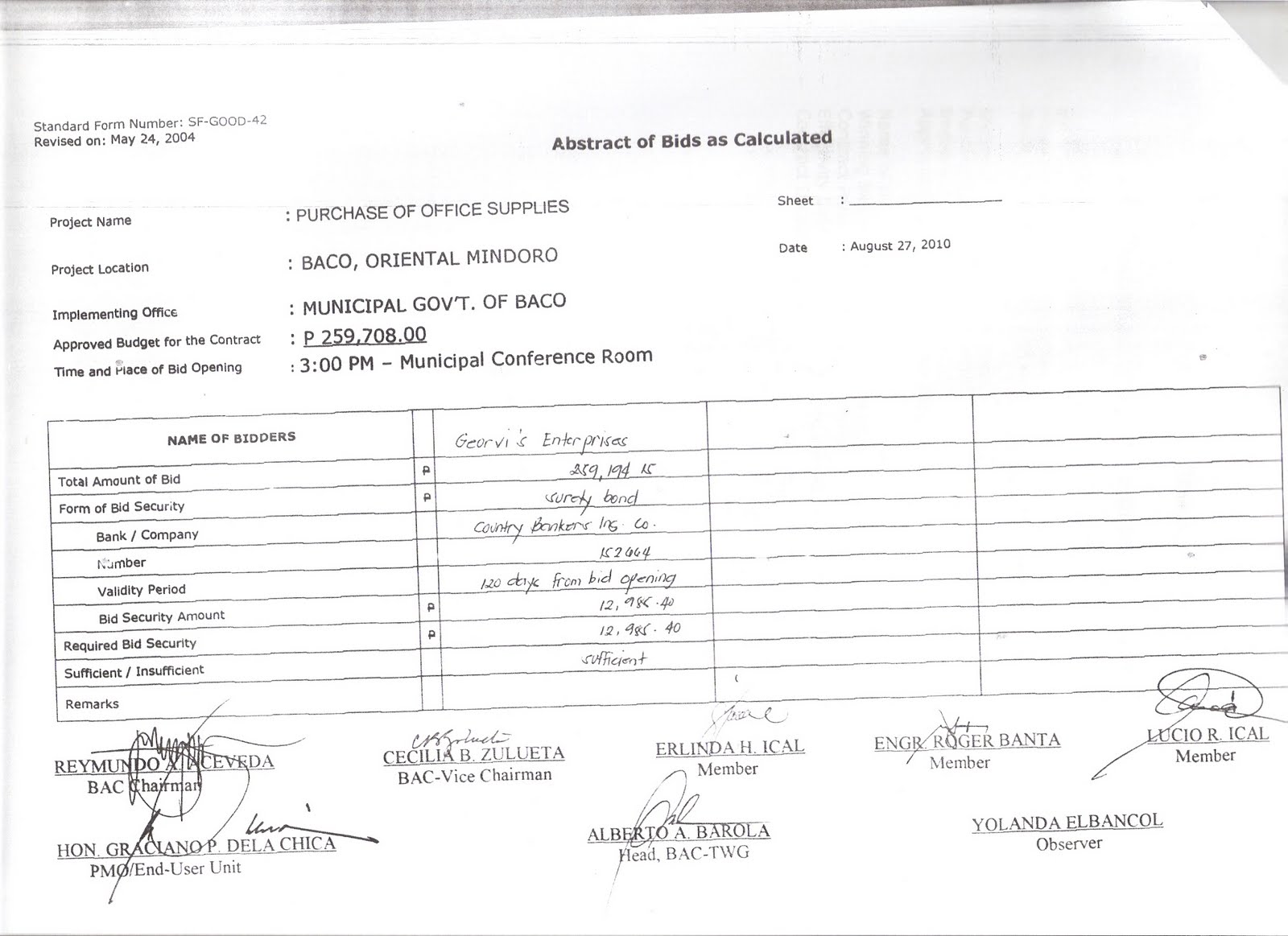 Municipality of Baco Financial Disclosures: Abstract of Bids as ...