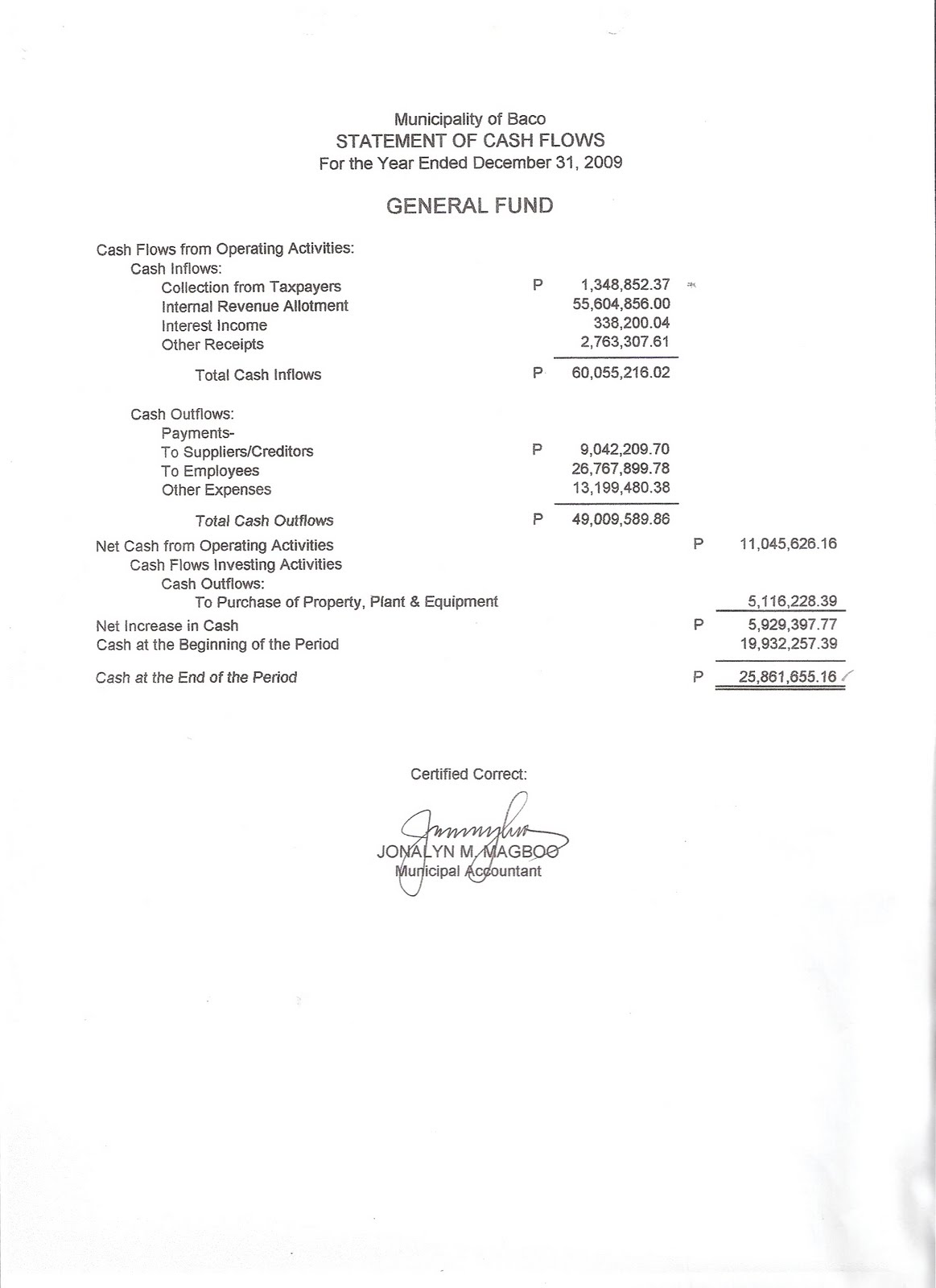 Municipality of Baco Financial Disclosures: Statement of Cash Flows ...
