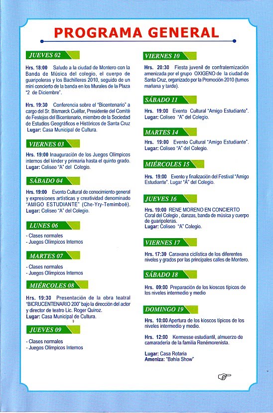 COLEGIO "GABRIEL RENE MORENO" - MONTERO: PROGRAMACION MES ANIVERSARIO ...