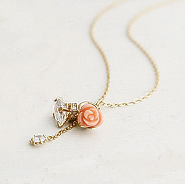 Pretty4Care: Bling Pink Rose Pendant Zircon Necklace ( 02232 )