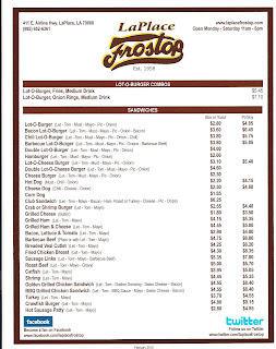 LaPlace Frostop: Old Frostop Menu