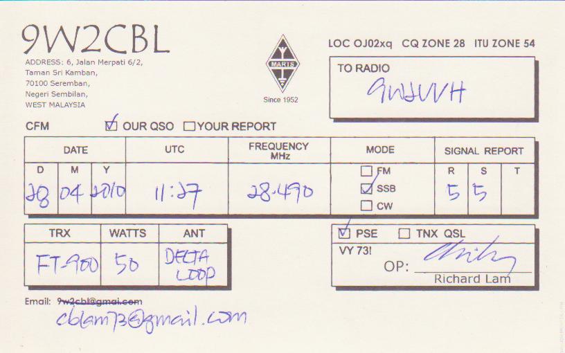 My QSL_Card@9w2vvh: QSL Card 10M de 9W2CBL