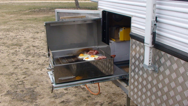 GONE BUSH in a BUSHTRACKER: Slide Out BBQ & Side Table