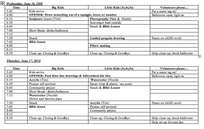 Art Camp: Schedule Layout