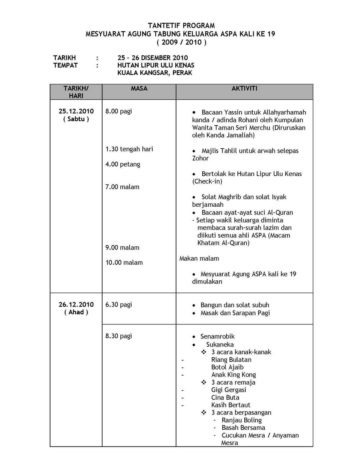 ((FREE)) Contoh Tentatif Program Hari Keluarga