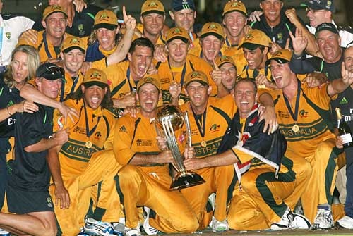CRICKETER'S: The Australia Cricket Team celebrate with the World Cup trophy