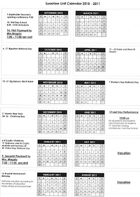 Sunshine News: Sunshine Unit Calendar (School Year 2010 - 2011)