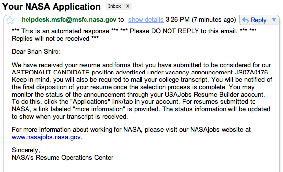 Astronaut application submitted