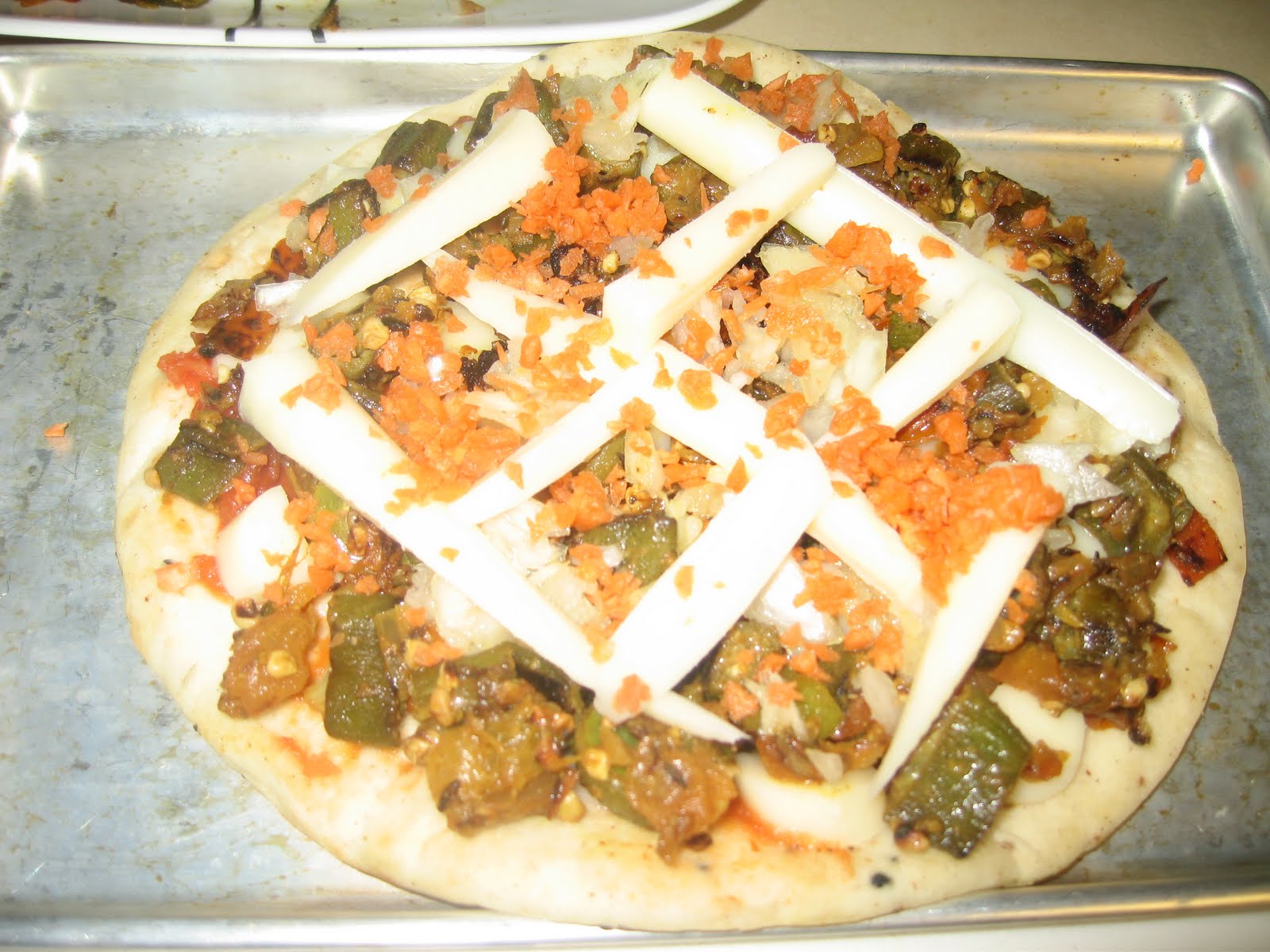 SUMADHURA: Okra / Bhendi Masala Pizza (Low Fat Indian Flavored Pizza)