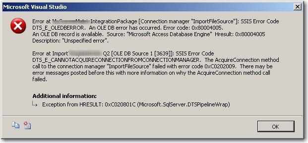 David Klein's Corner: SSIS 2008 - "Unspecified error" and "Could not find installable ISAM ...