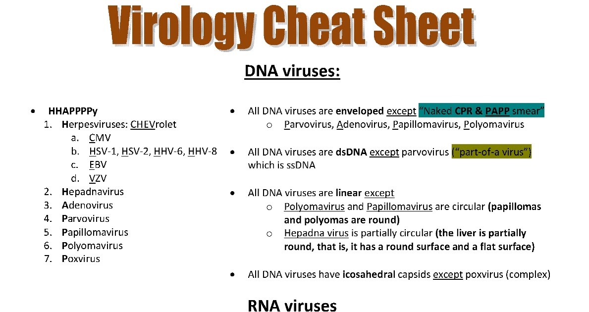 USMLE Boot Camp: Virology Cheat Sheet
