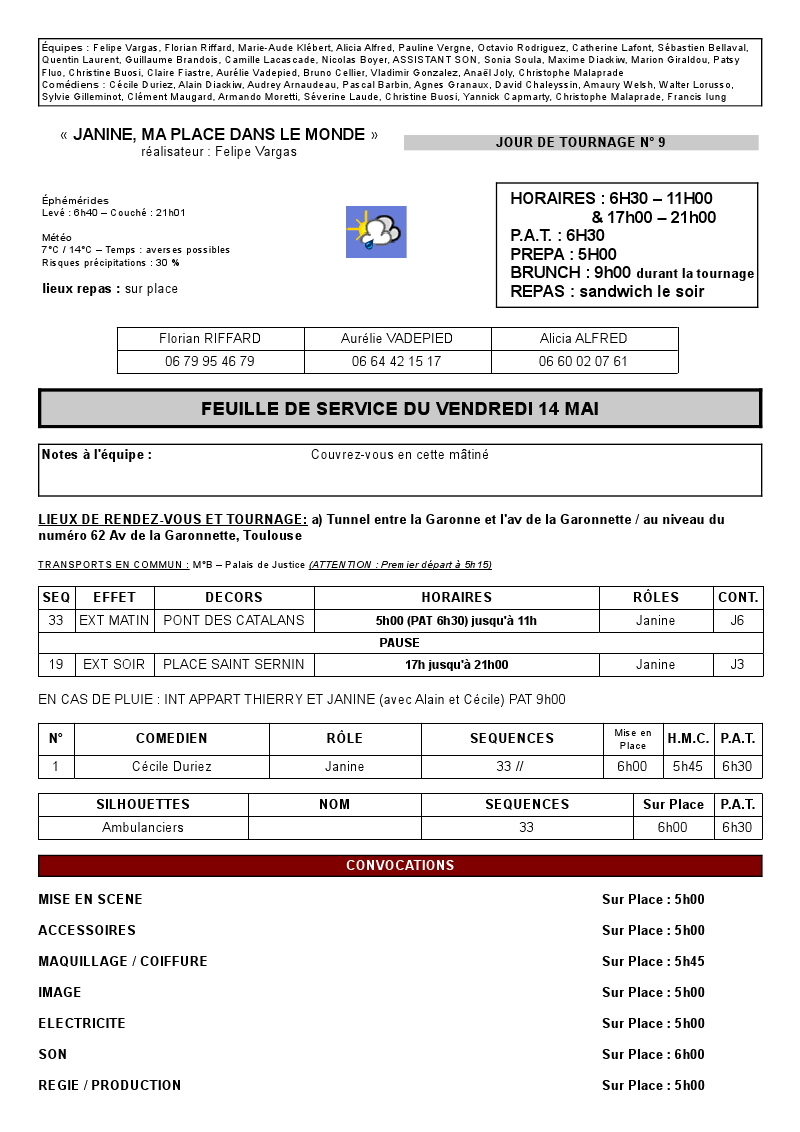 La mise en scène de Janine.: Exemple de feuille de service. La mise en scène de Janine.: Exemple de feuille de service.