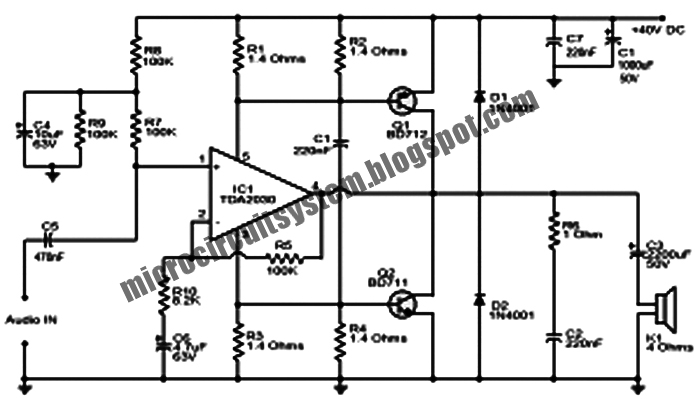 40W Audio Amplifier Using TDA2030 - Circuit Diagram