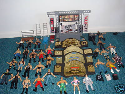 WWE COLLECTIONS: HUGE LOT WWE WRESTLING ACTION FIGURES BELTS ACCESSORIES