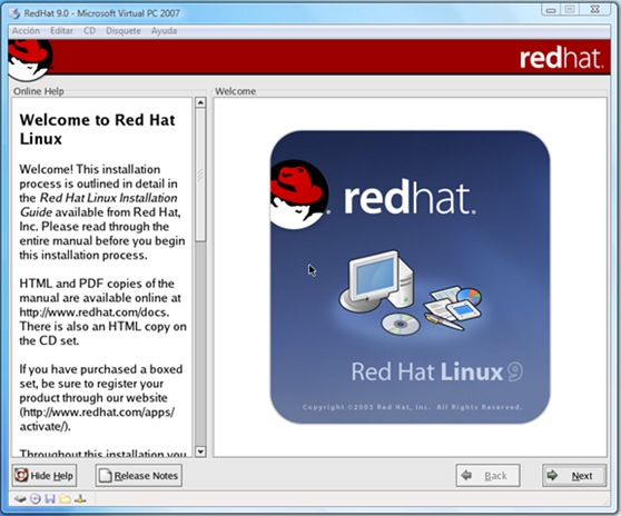 Red Hat Linux: Instalar Red Hat 9.0 en Virtual PC