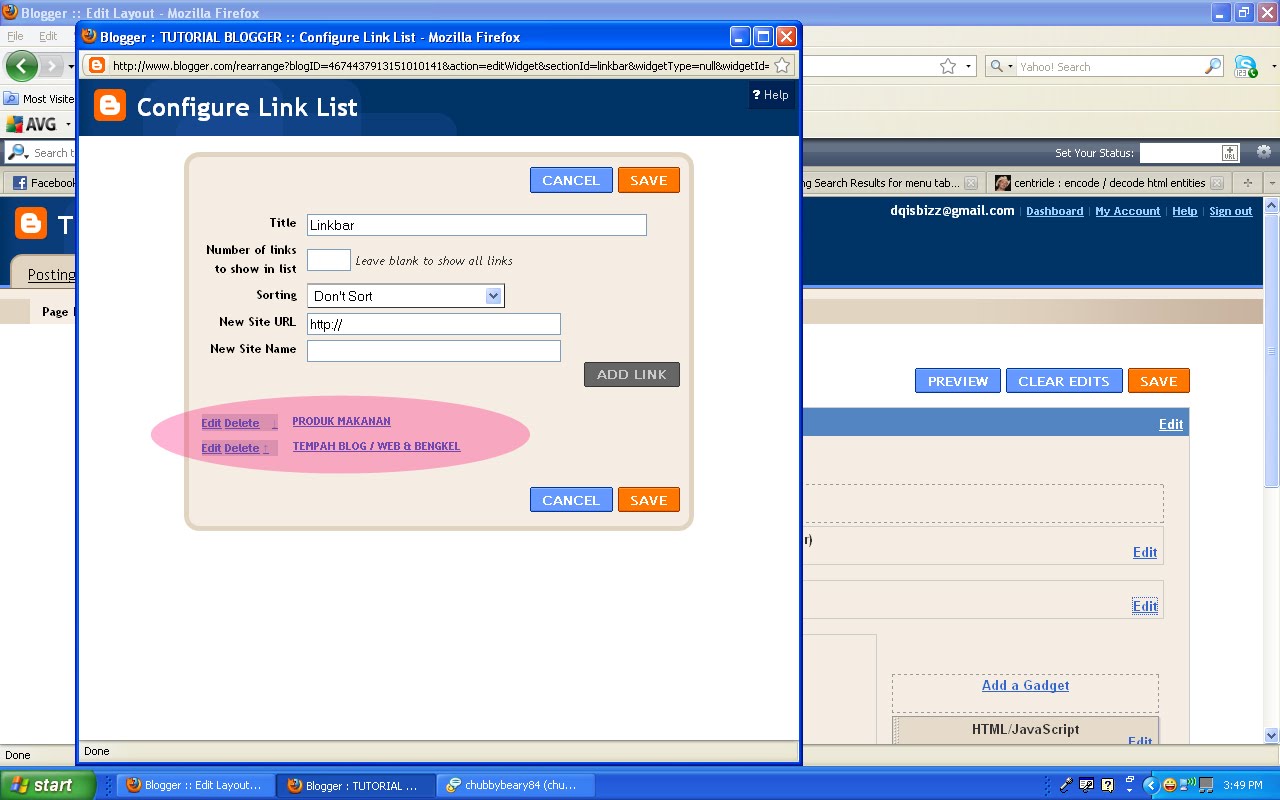 Untuk EDIT MENU LINKBAR SEDIADA, sila klik pada ruangan dalam bulatan ...