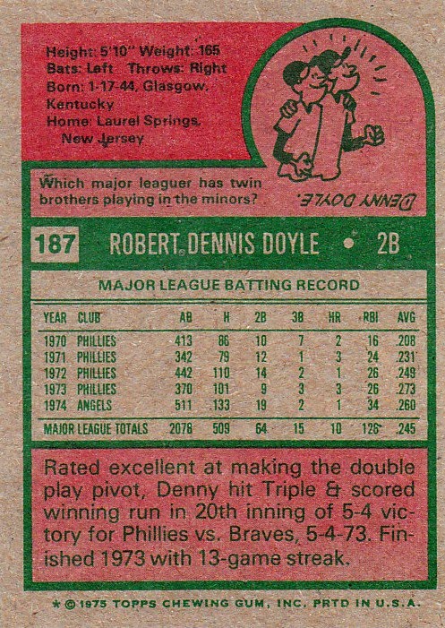 1975 Topps (it's far out, man): #187 - Denny Doyle