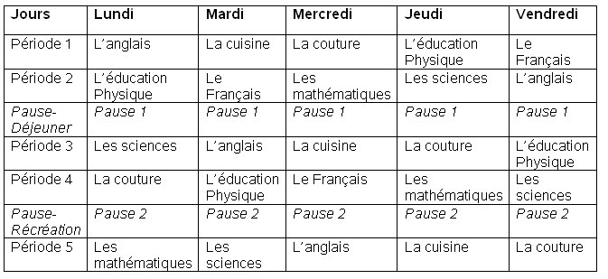 French school: Timetable (emploi du temps)